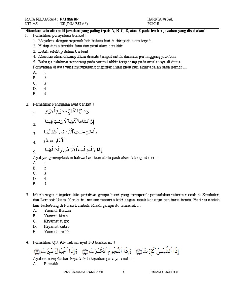 Soal PAS Kelas 12 PAI Semester Ganjil | PDF