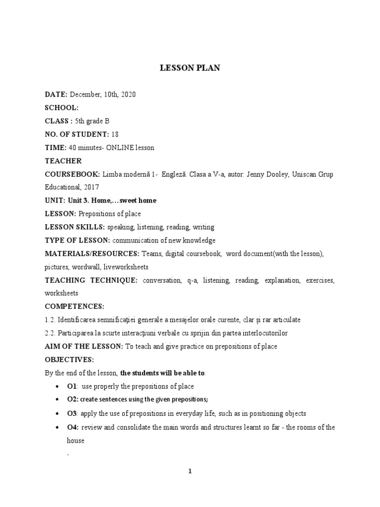 Lesson Plan Cls. A V-A Prepositions of Place | PDF | Lesson Plan | Homework