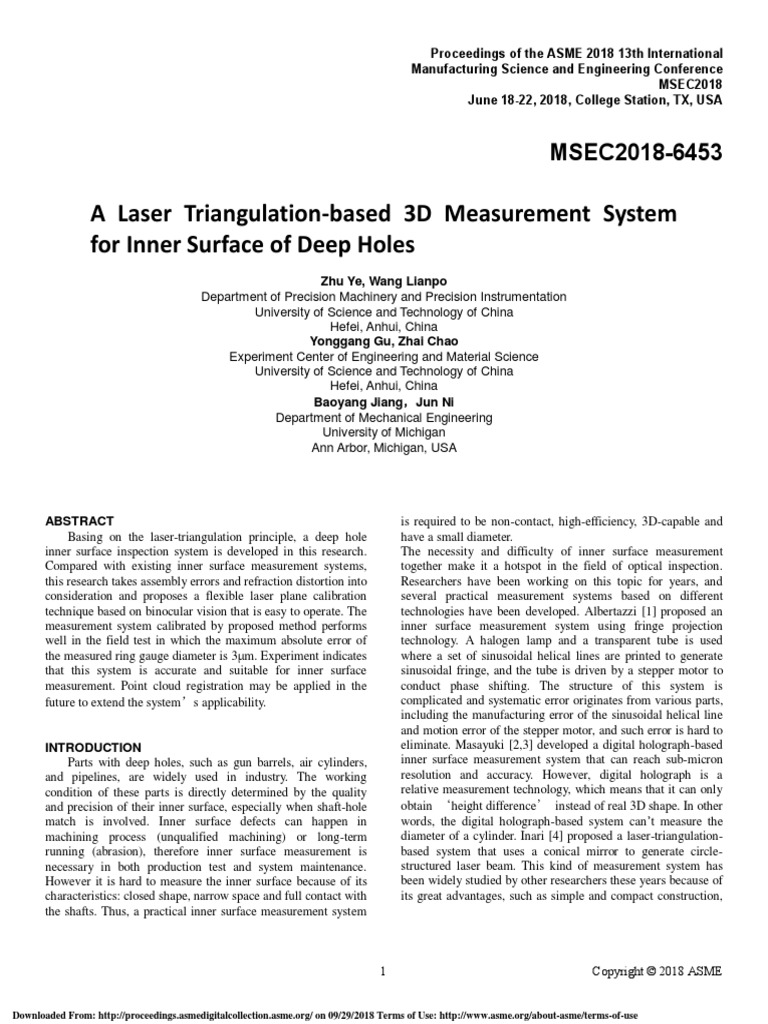 A Laser Triangulation-Based 3D Measurement System For Inner Surface of Deep Holes | PDF | Optics ...