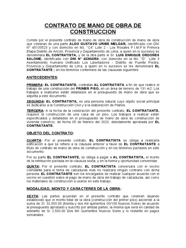 Contrato de mano de obra para la construcción de un primer piso en una vivienda unifamiliar en ...