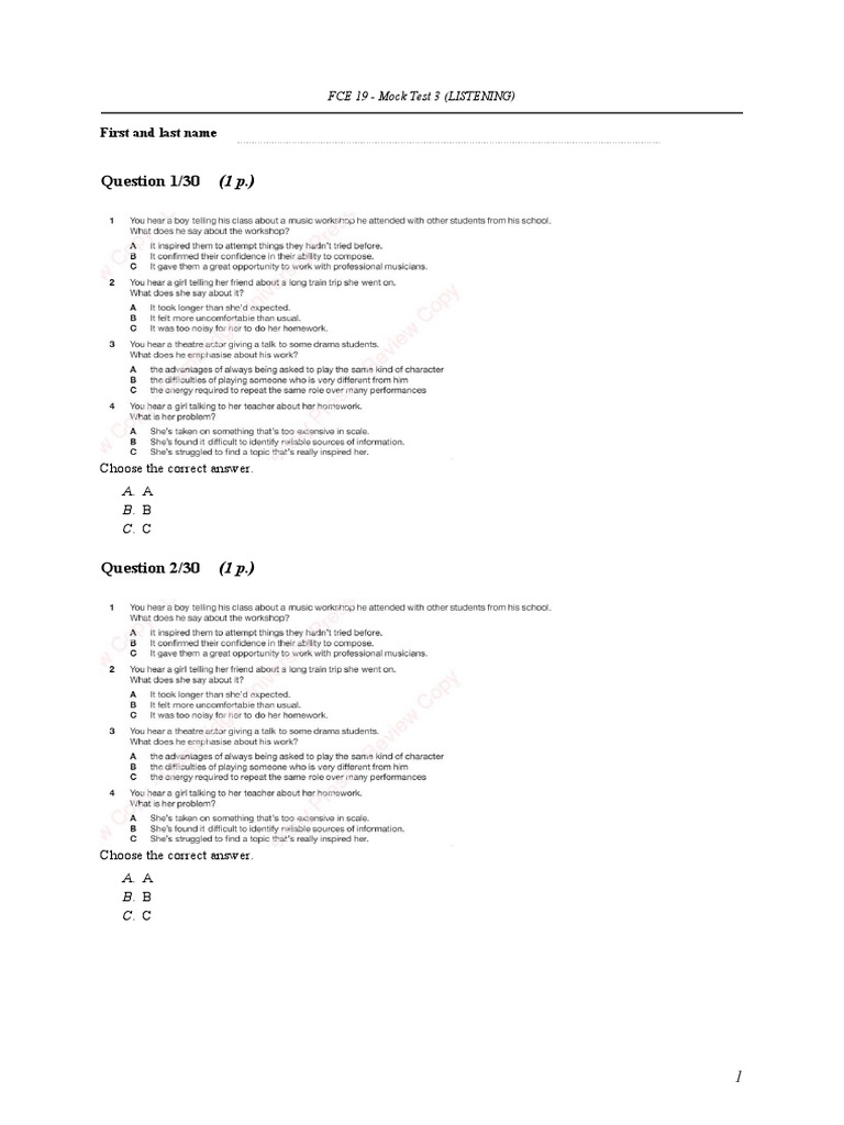 FCE Mock Exam Questions: Listening Comprehension Test with Multiple ...