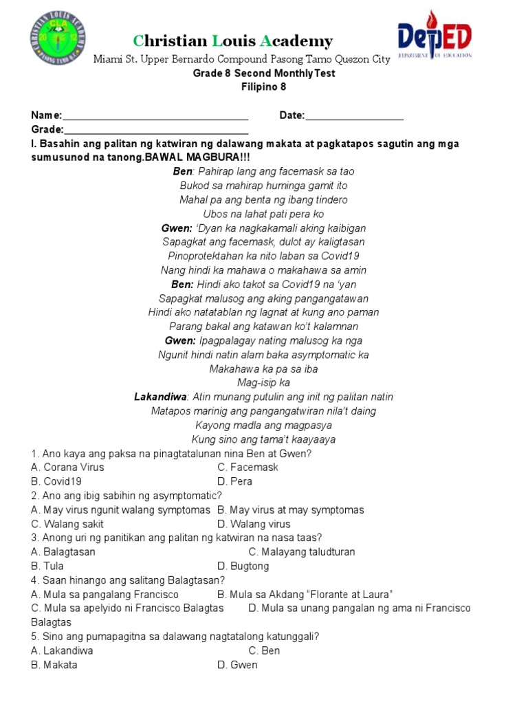 Filipino 8 Monthly Test | PDF