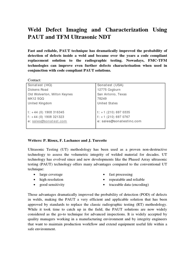 Weld Defect Imaging and Characterisation Using PAUT and TFM Ultrasonic ...