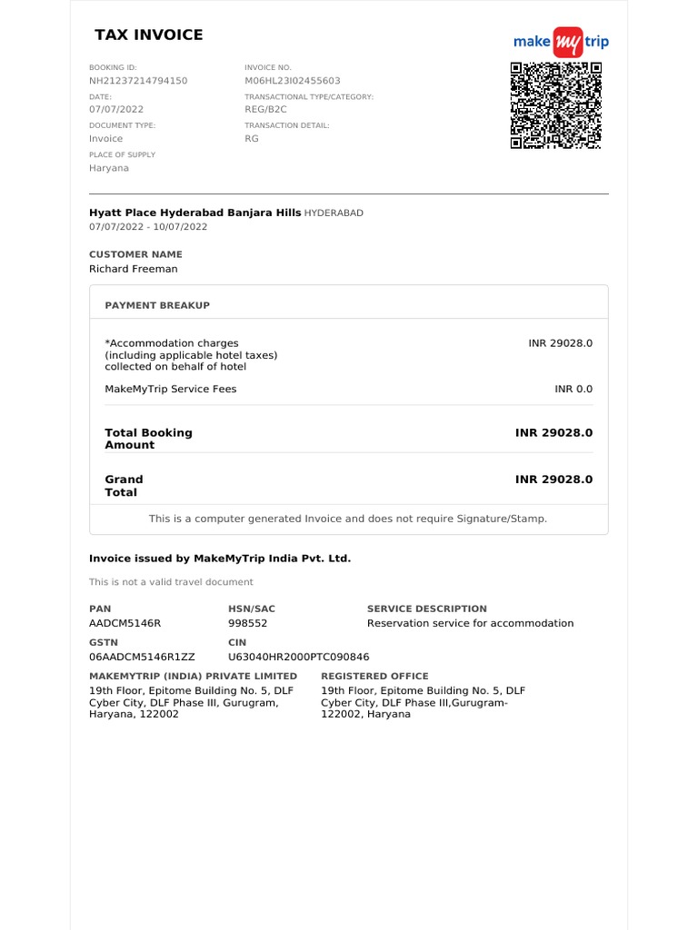 Invoice for Hyatt Stay in Hyderabad | PDF