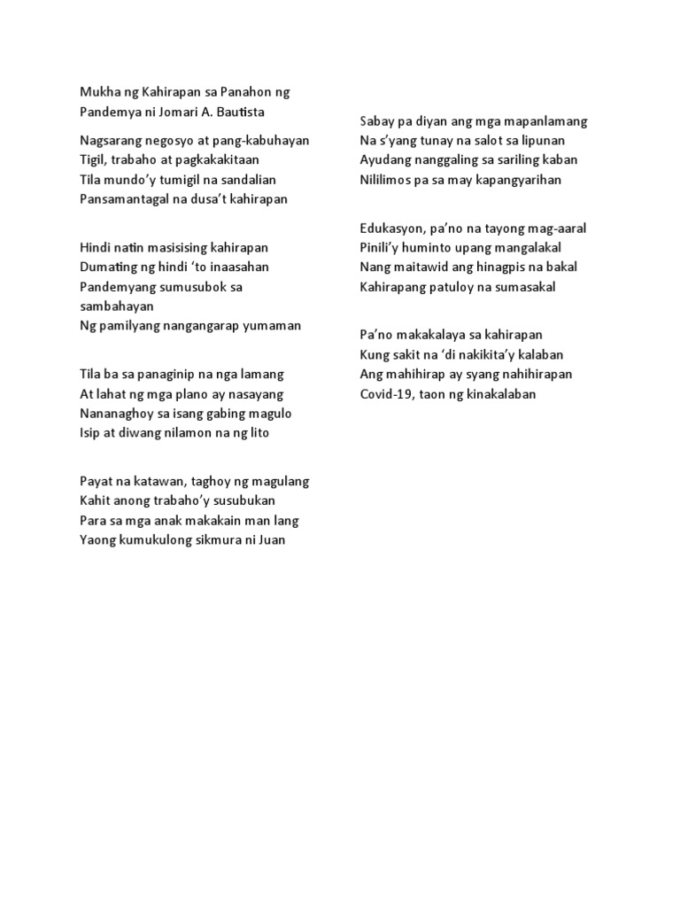 Mukha NG Kahirapan Sa Panahon NG Pandemya Ni Jomari A | PDF