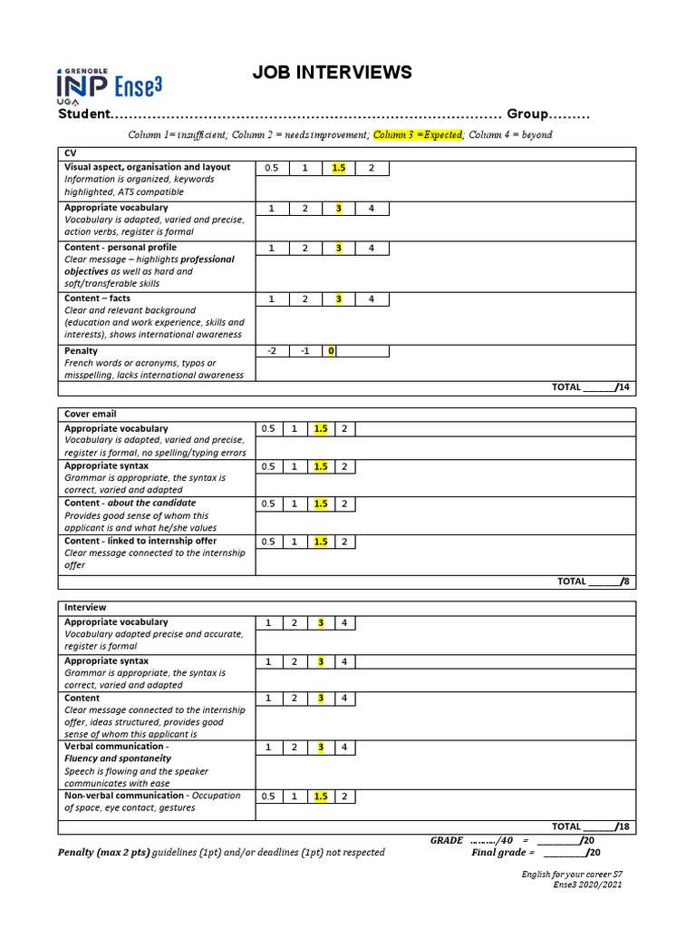 Job Interview Assessment Criteria | PDF | Vocabulary | Résumé