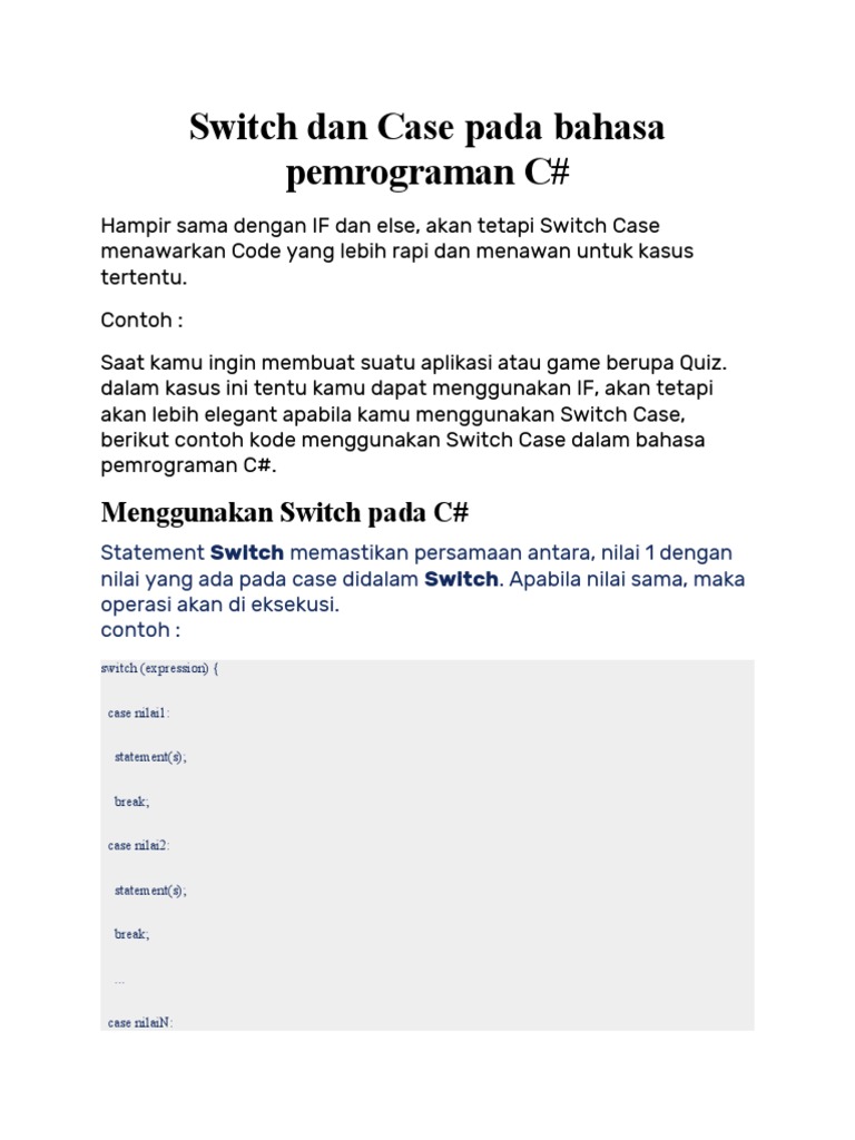 Switch Case C#: Panduan dan Contoh | PDF