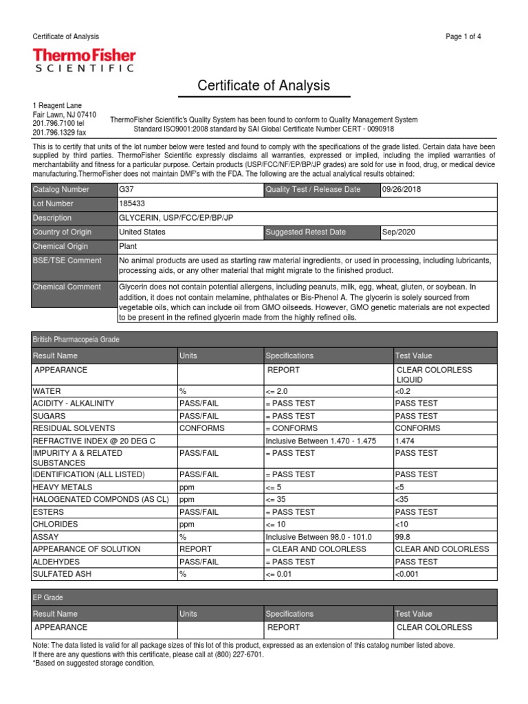 Certificate of Analysis for Glycerin, USP/FCC/EP/BP/JP Grade from ...
