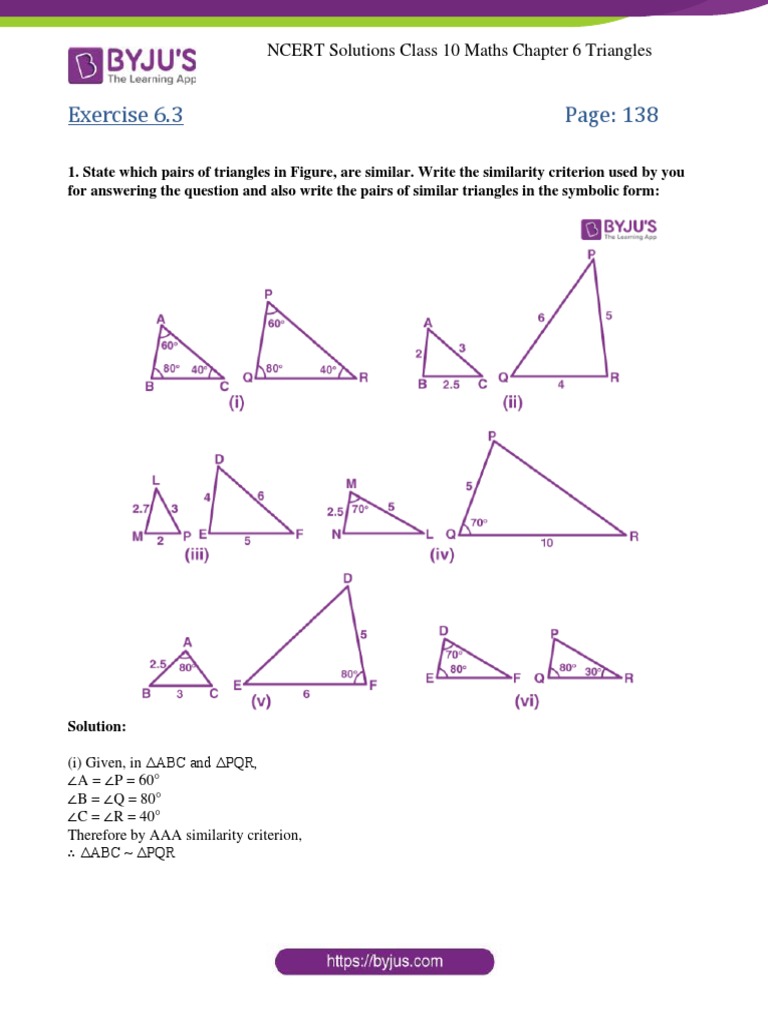 NCERT Solution For Class 10 Maths Chapter 6 Triangles Exercise 6.3 | PDF | Triangle | Elementary ...