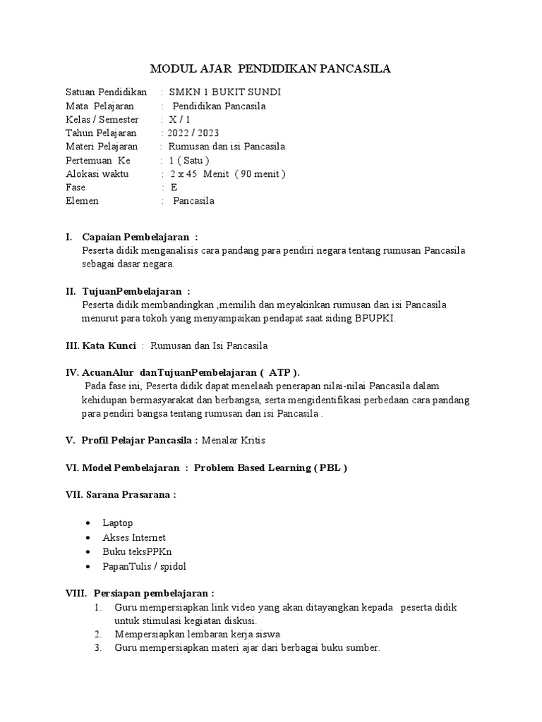 Modul Ajar PPKN KLS X | PDF