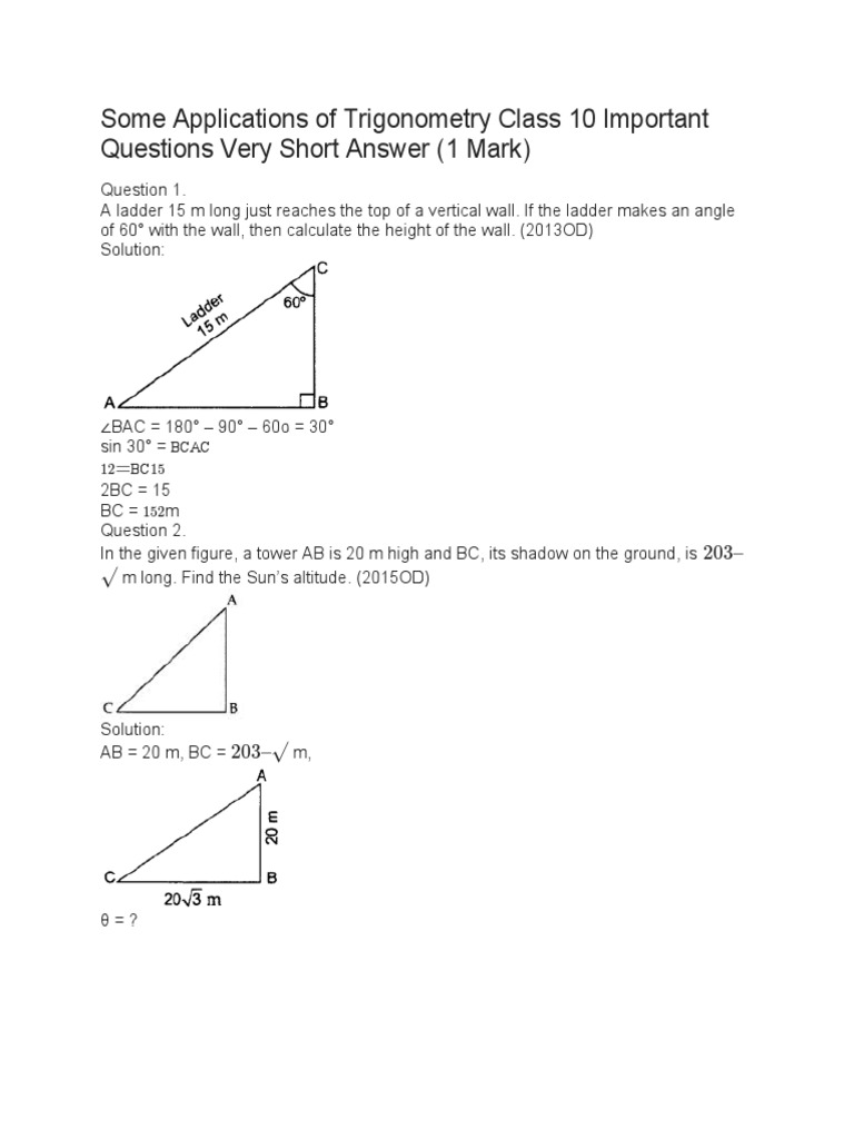 Some Applications of Trigonometry Class 10 Important Questions | PDF | Tower | Angle