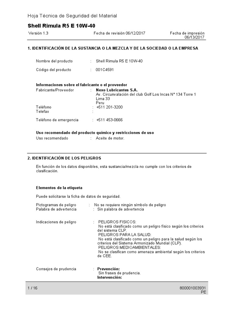 GSAP - Msds - Shell Rimula R5 E 10W-40 (CI-4) | PDF | Residuos | Agua