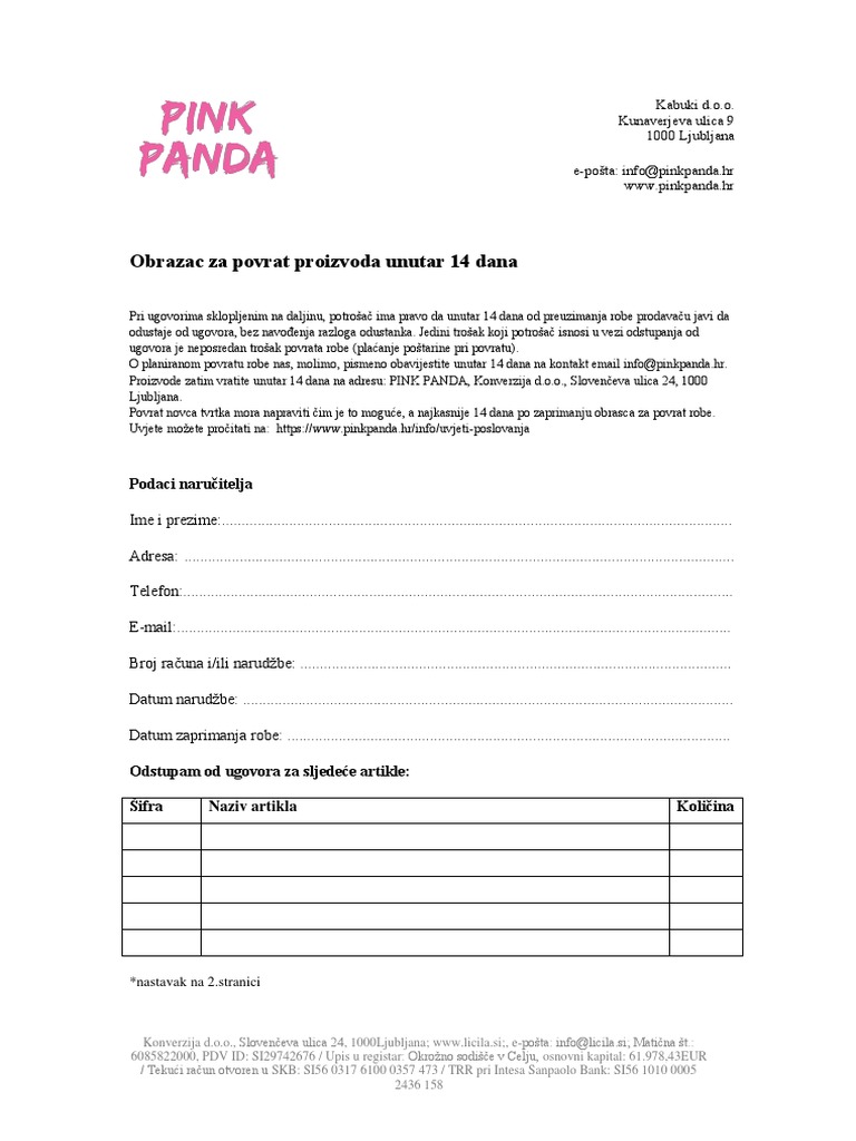 Kabuki-Obrazac Za Povrat U 14 Dana - HR | PDF