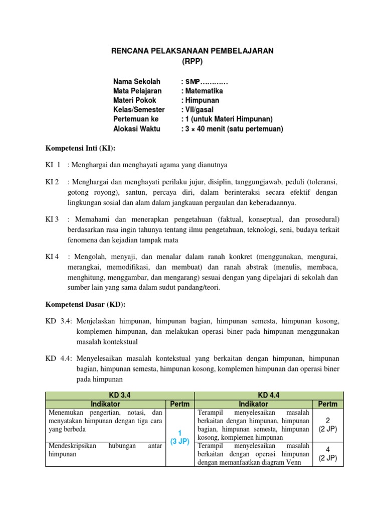 Contoh RPP - Himpunan - Pertemuan 1 | PDF