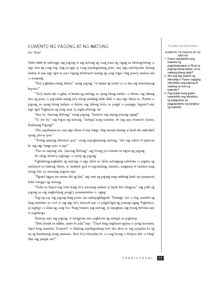 Ang Kuwento NG Pagong at NG Matsing | PDF