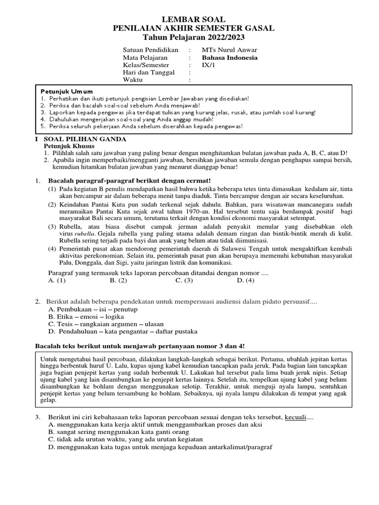 Soal Pas B.indo Kelas Ix | PDF