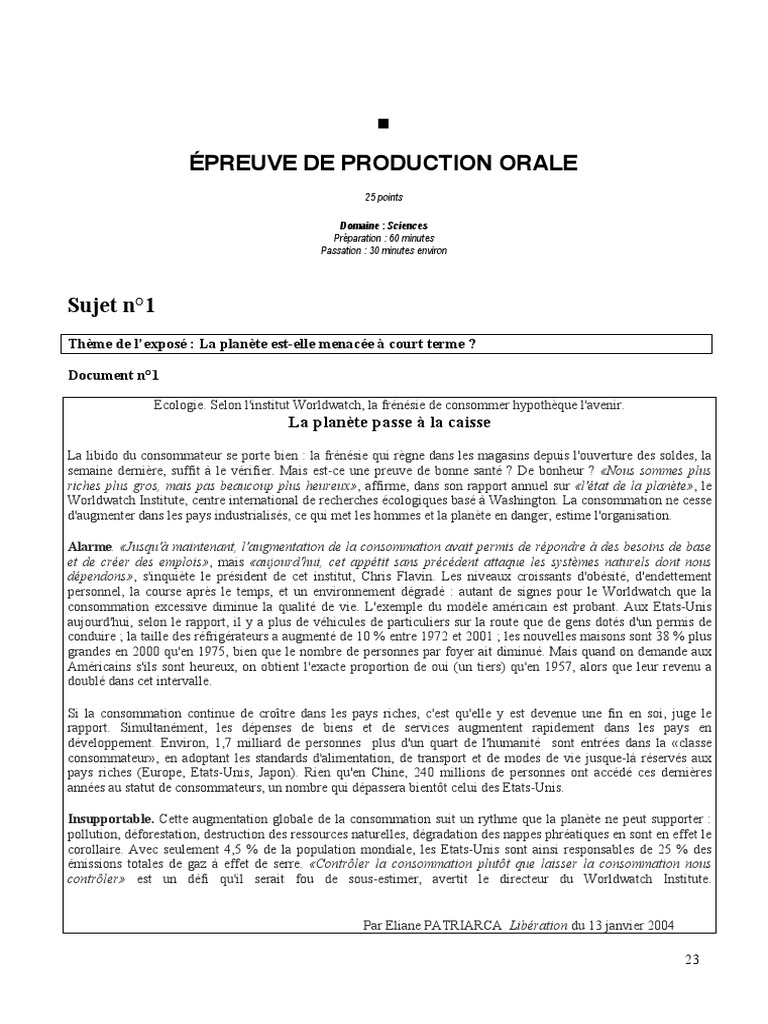 DALF C1 Sujet 6 Production Orale Sciences | PDF