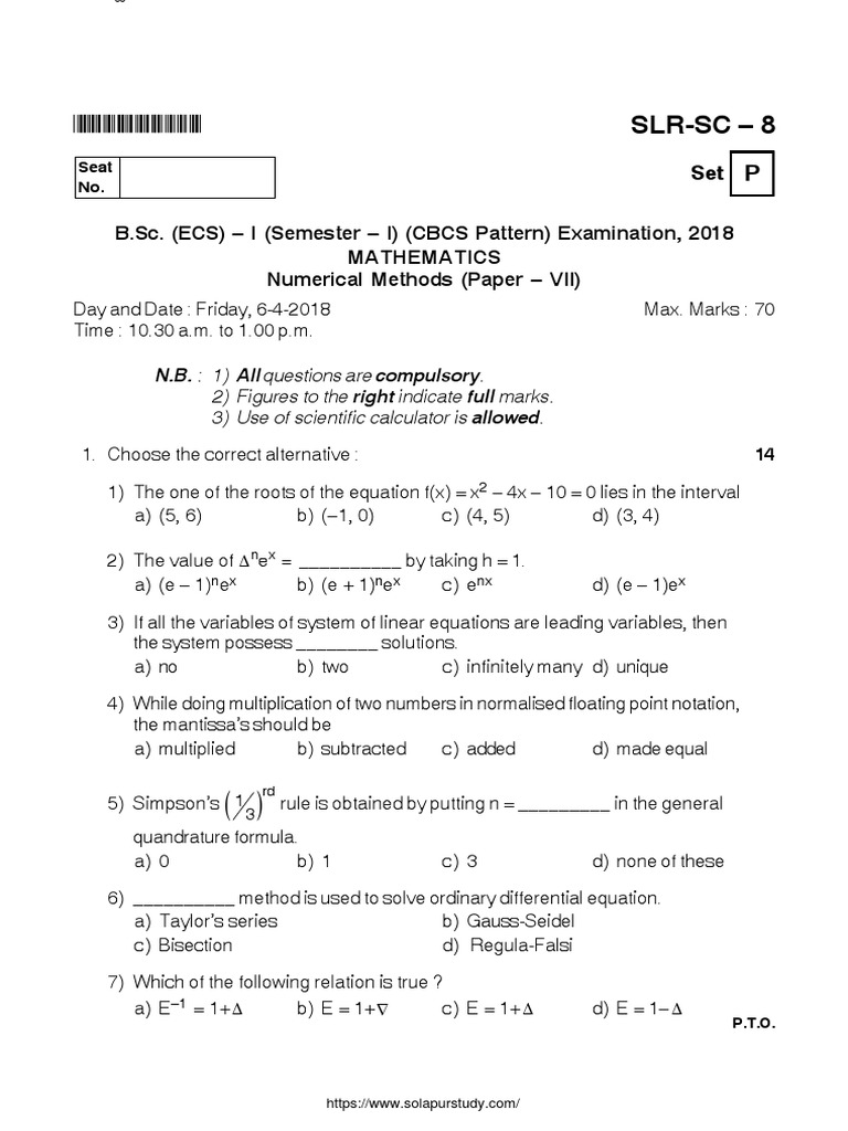 BSC 1 Sem Ecs Mathematics Numerical Methods SLR SC 8 2018 | PDF | Equations | Finite Difference