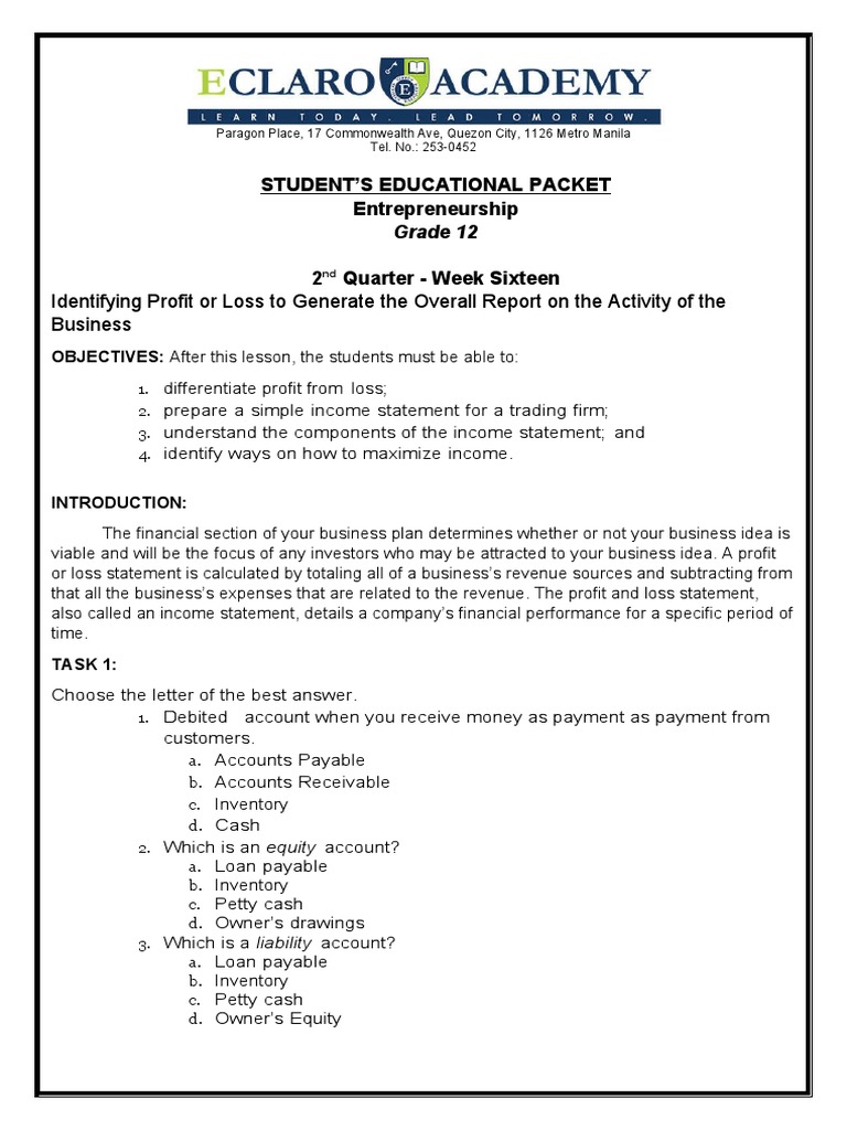 LP - Entrepreneurship Week 16 | PDF | Expense | Income Statement