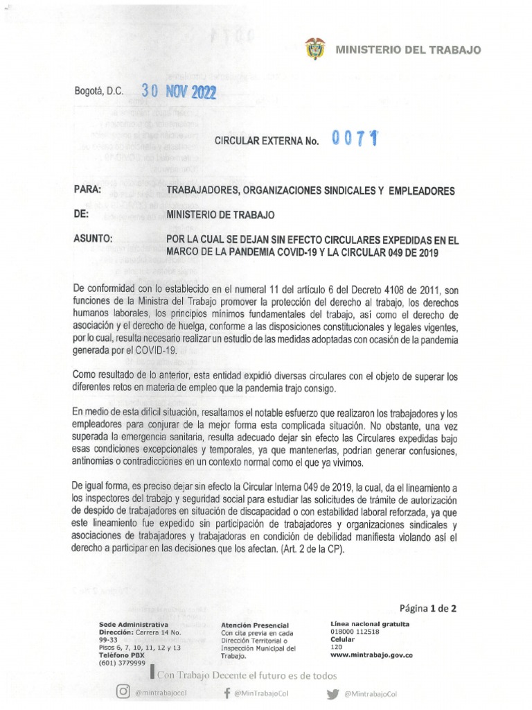 Circular Externa 071 de 2022 | PDF