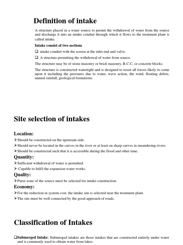Characteristics and Classifications of Water Intakes for Effective ...