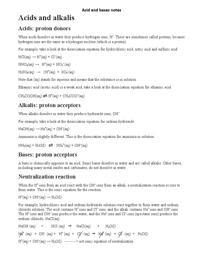 Acids and Alkalis Notes | PDF | Hydroxide | Ph