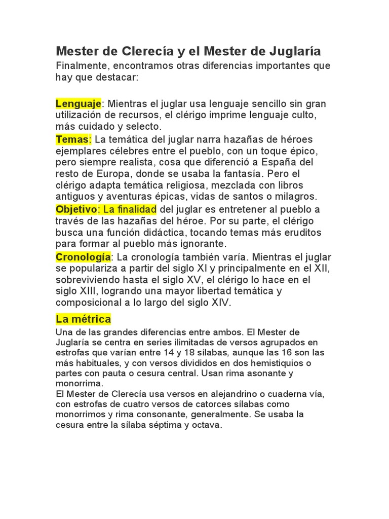 MESTER DE JUGLARIA y DE CLERECÍA | PDF | Metro (poesía) | Literatura ...