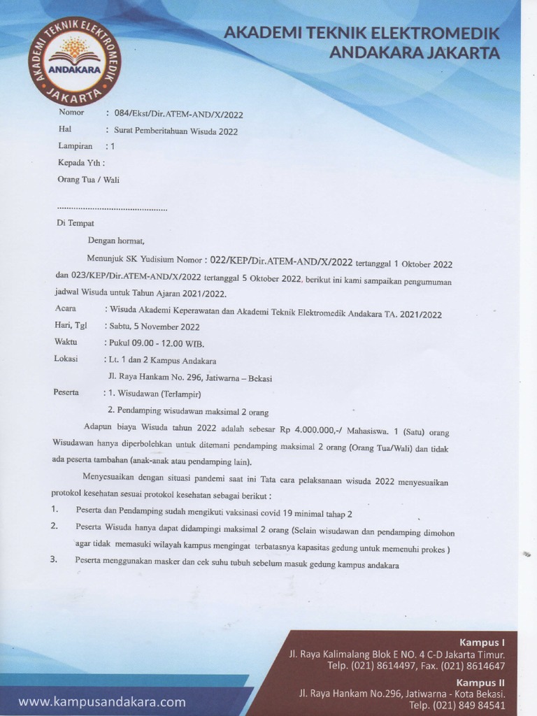 Surat Pemberitahuan Wisuda T.A 2022 | PDF