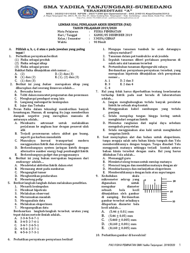 FISIKA PAS GENAP Kelas X TP 2019-2020 Mark-Up | PDF