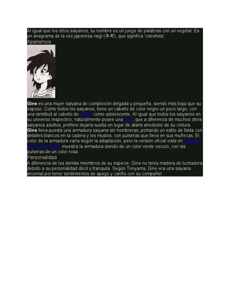 Apariencia: Gine Es Una Mujer Saiyana de Complexión Delgada y Pequeña ...