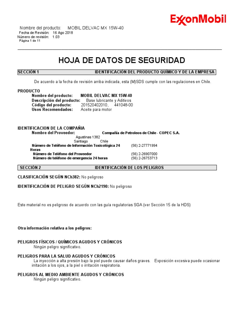 Hoja de Seguridad de Aceites | PDF | Agua | Primeros auxilios