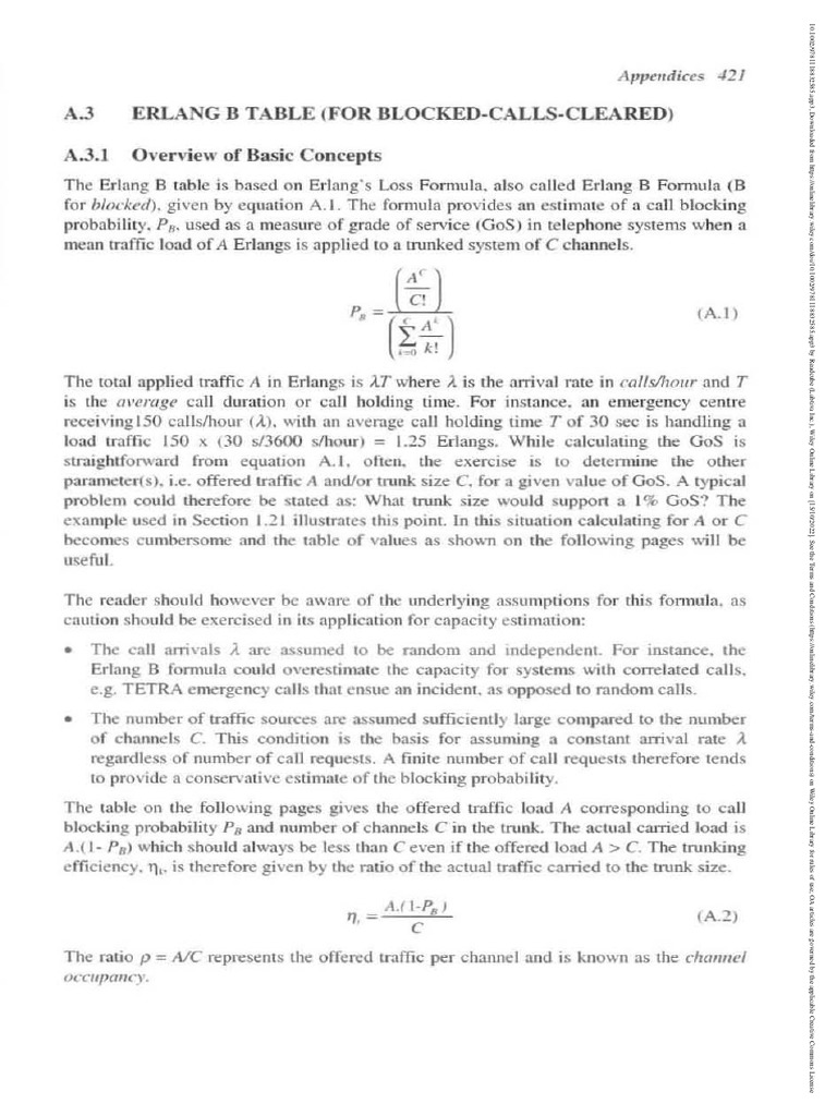 Erlang B Tabl Pdf Telecommunications Engineering Applied Mathematics