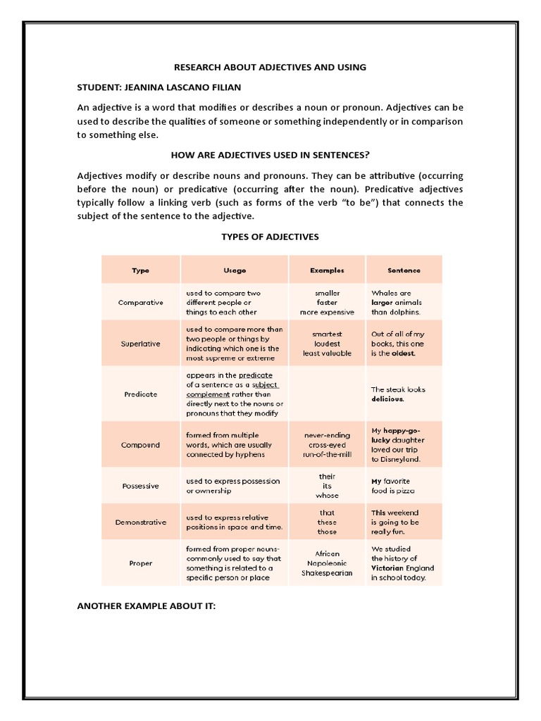 Research About Adjectives and Using | PDF | Adjective | Noun