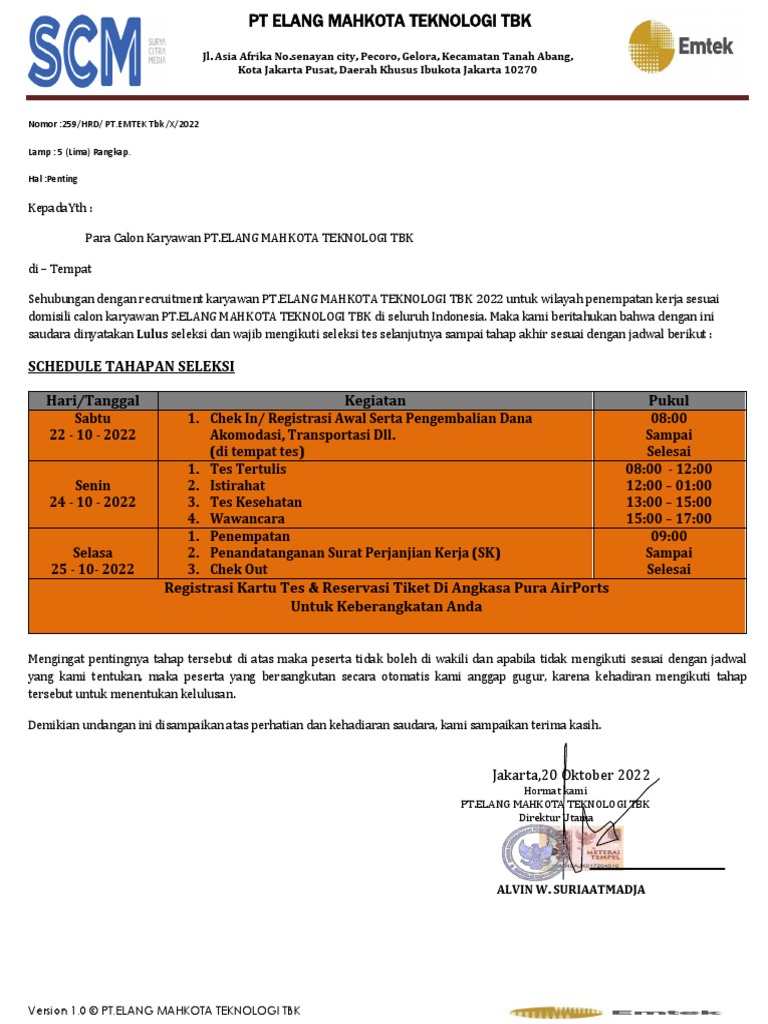 Surat Panggilan Interview PT Elang Mahkota Teknologi TBK | PDF