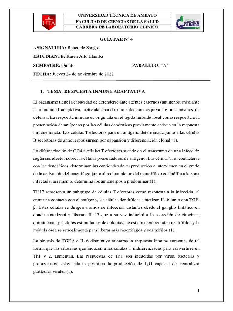 1P Guía 4 Rpta Inmune | PDF | Sistema inmune | Citocina