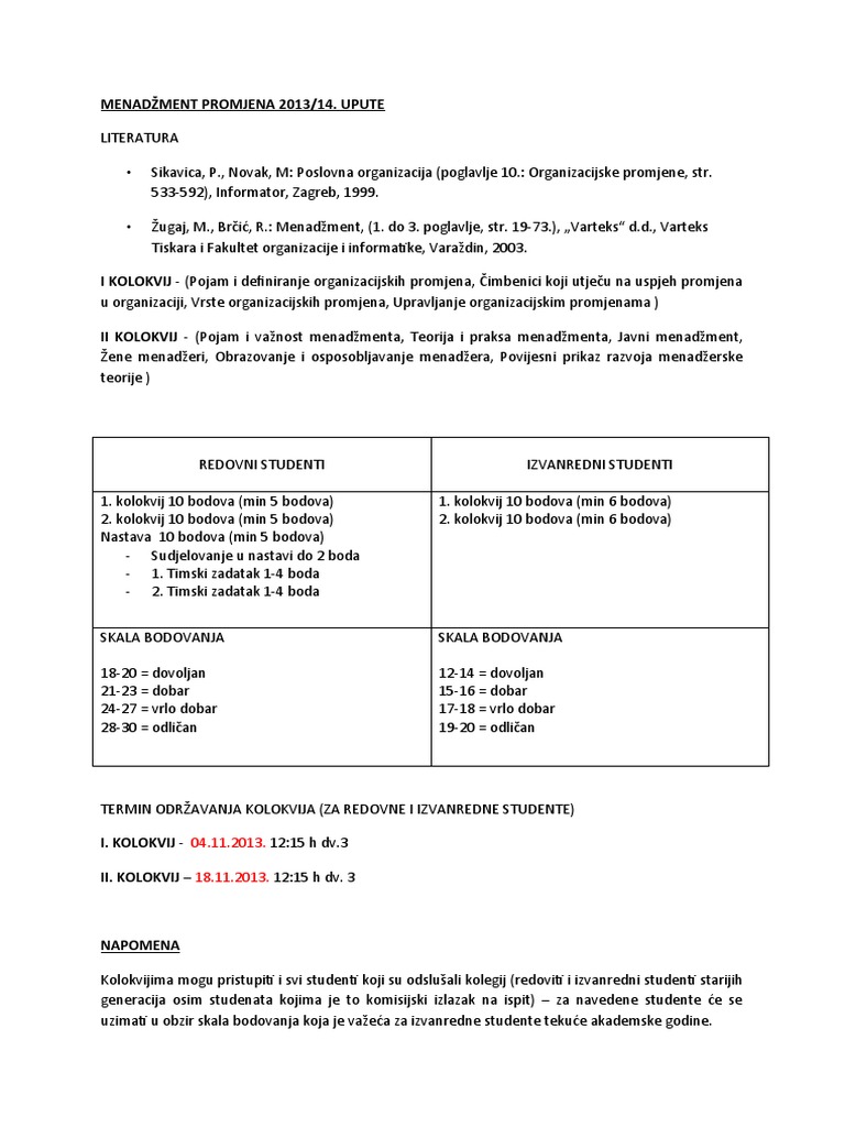 Menadzment Promjena 201314 Upute | PDF