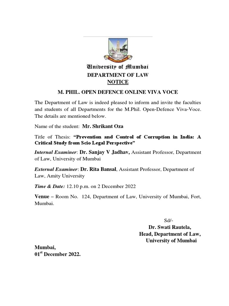Notice Mphil Open Defence Viva Mr. Shrikant Oza | PDF