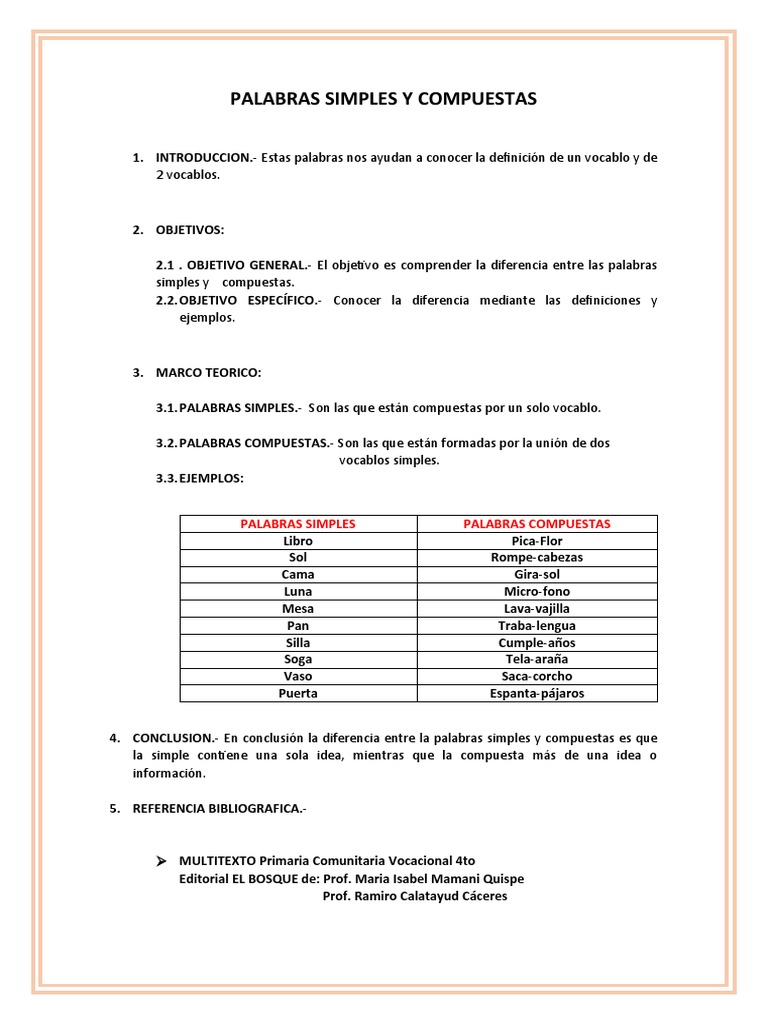 PALABRAS SIMPLES Y COMPUESTAS Exposicion | PDF