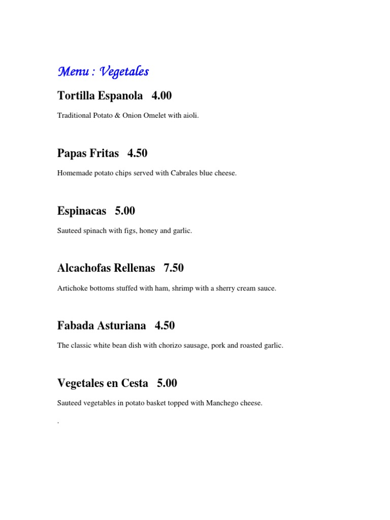 Spanish Vegetable Menu Highlights | PDF