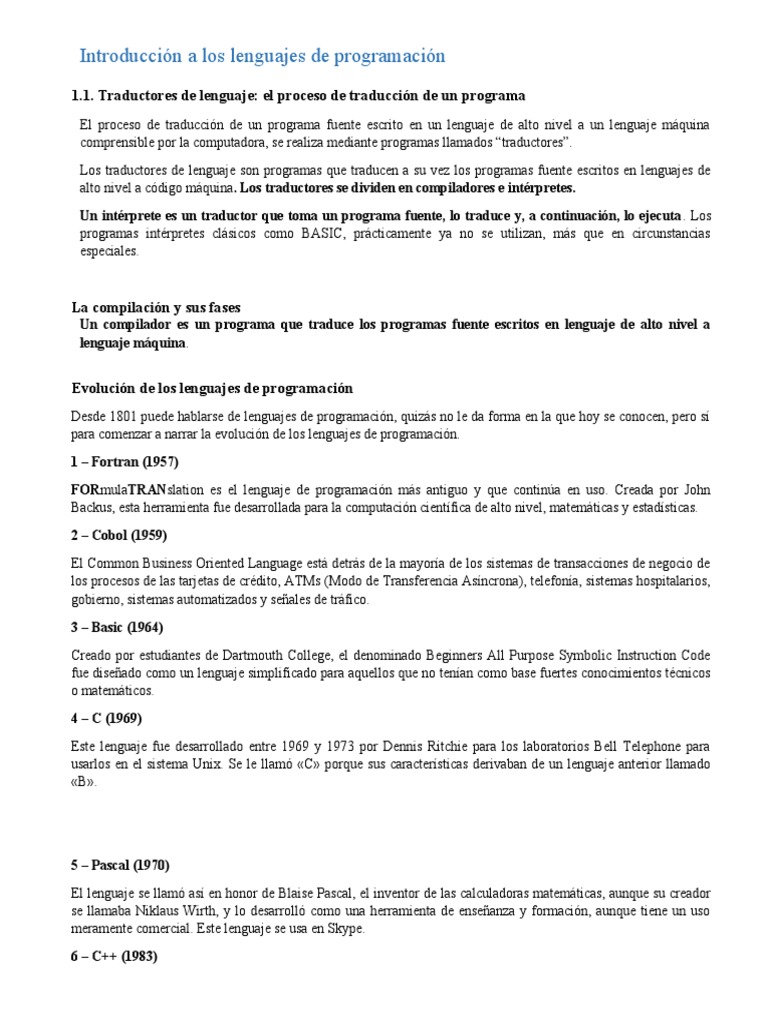Introducción A Los Lenguajes de Programación: 1.1. Traductores de ...