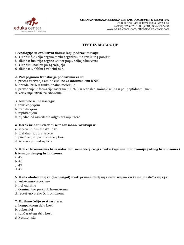 Biologija Za Med Fakultet Primer Testa | PDF