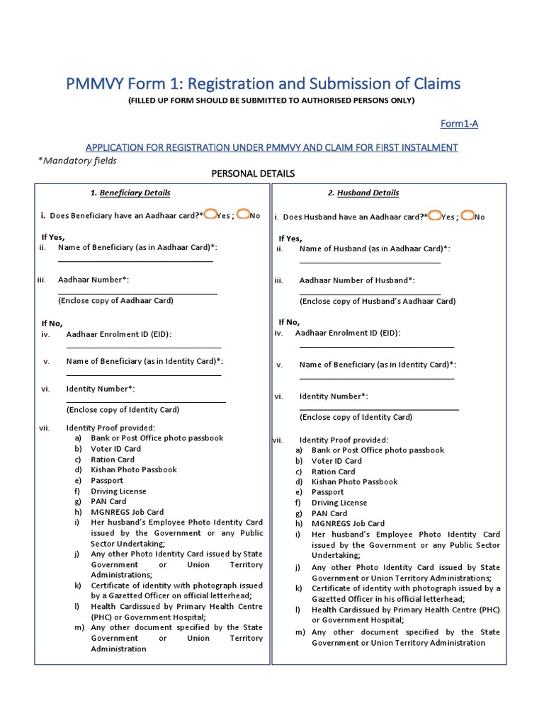 PMMVY Form 1: Registration Guide | PDF | Identity Document ...
