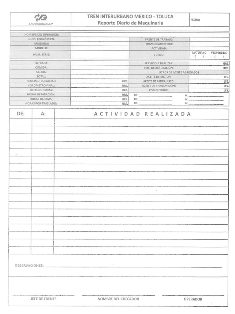 Reporte Diario Maquinaria | PDF