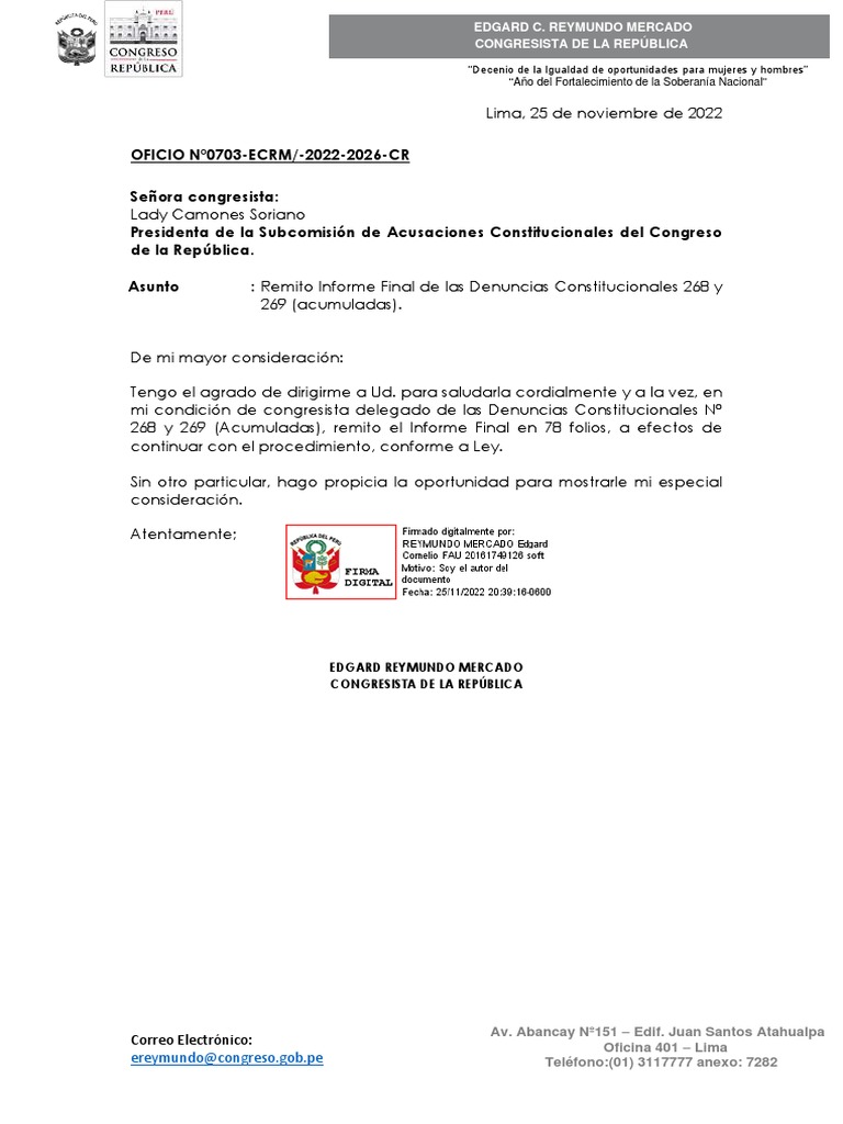 Oficio 0703 Ecrm - 2022 2026 CR 20221125 1 | PDF | Servicio Civil | Constitución