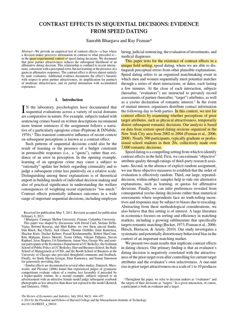 Contrast Effects in Sequential Decisions: Evidence From Speed Dating | PDF | P Value | Fixed ...