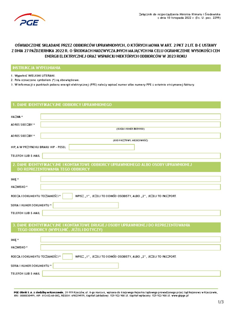 Oswiadczenie-skladane-przez-Odbiorcow-uprawnionych PGE Do 30 Litopada | PDF