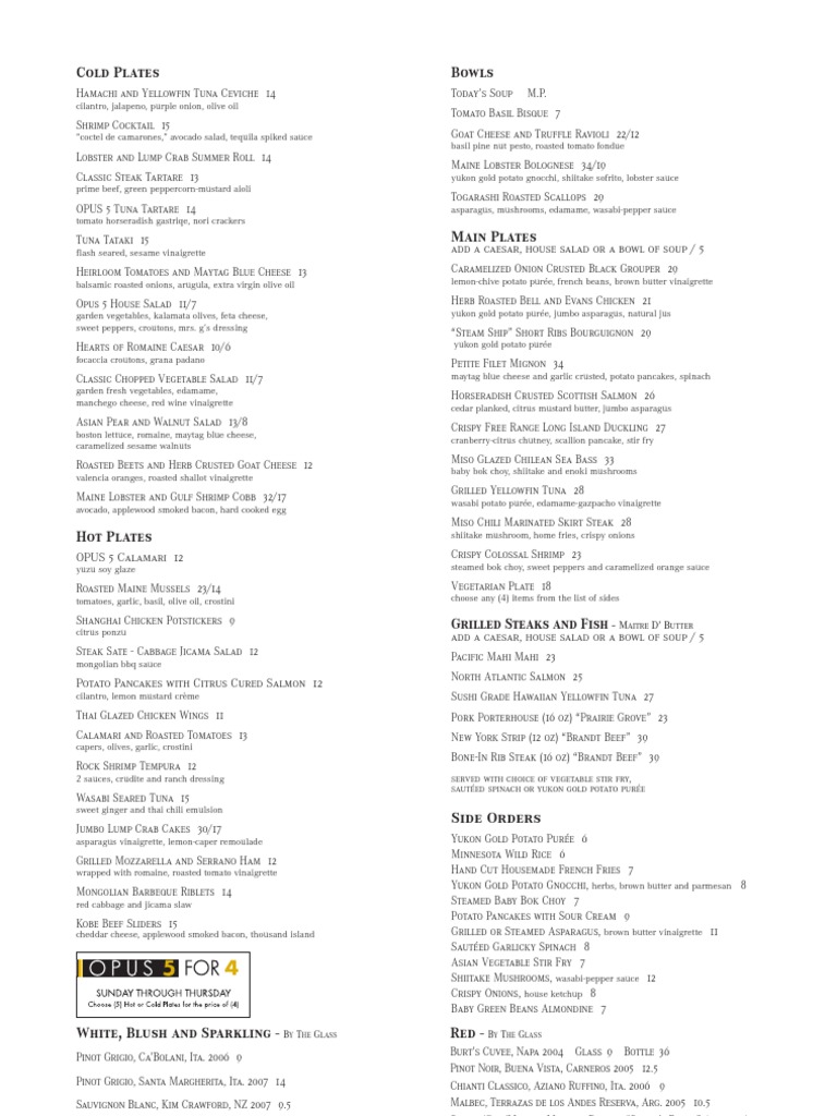 Opus Dinner Menu | PDF | Vinaigrette | Salad