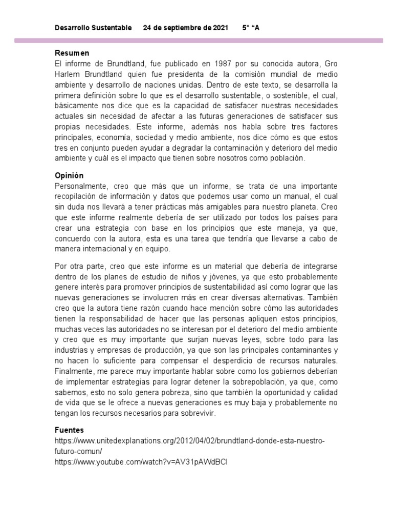 Informe de Brundtland | PDF | Sustentabilidad | Desarrollo sostenible