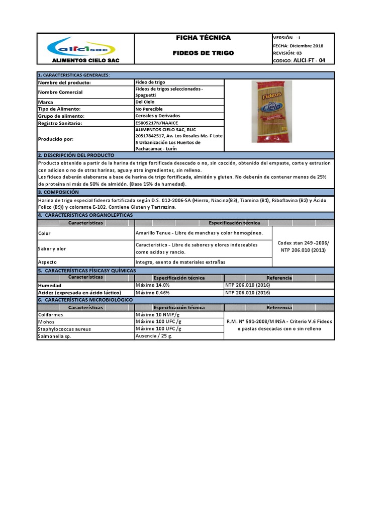 FICHA TECNICA SPAGUETTI - PDF 2019 | PDF | Trigo | Alimentos