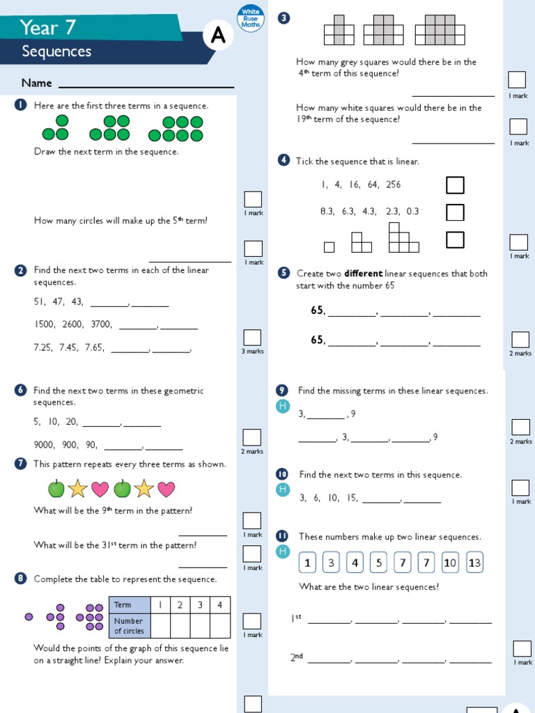 Year 7 Autumn 1 Sequences Mini Assessment A | PDF